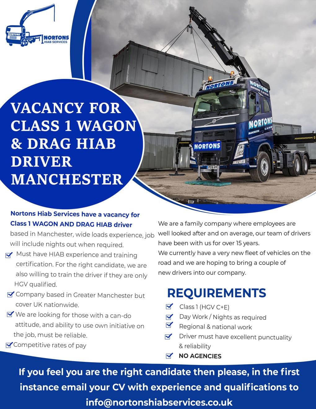 VACANCY FOR A CLASS 1 WAGON AND DRAG HIAB DRIVER MANCHESTER